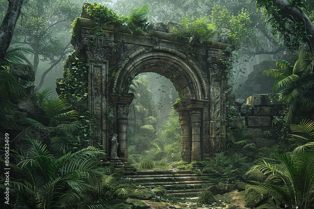 A mysterious ancient stone gate in the enchanting jungle, surrounded by ...
