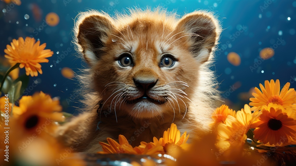 a image tiny lion with orange daisy petals for his mane, macro lens ...