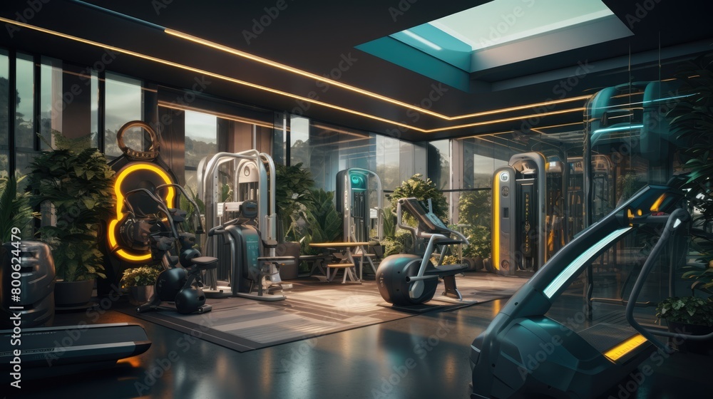 A illustration futuristic home gym with integrated AI personal trainers ...