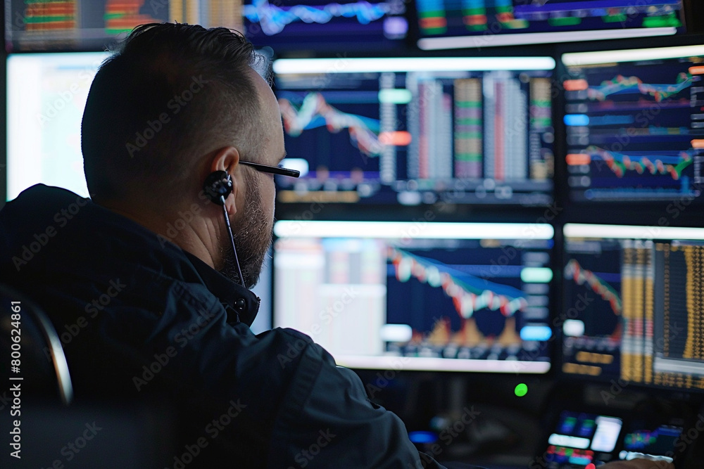 Trader executing trades on a multi-screen trading setup, close-up on ...