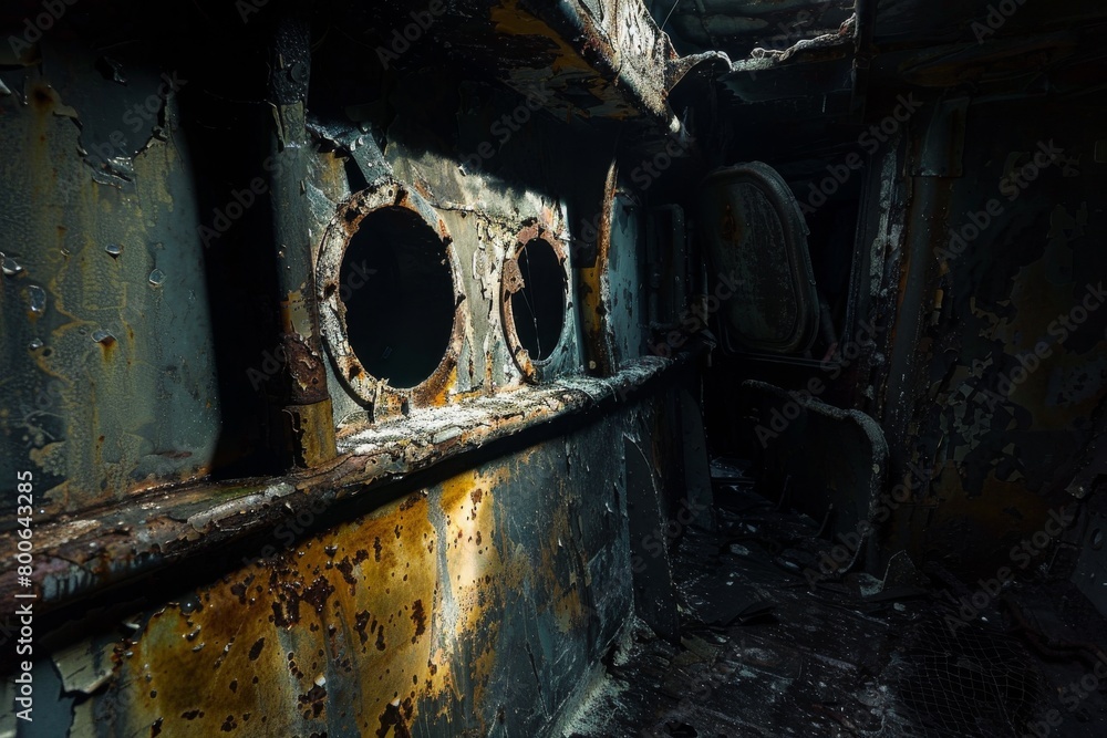 Intriguing image of the rusty interior of a ship with broken round ...