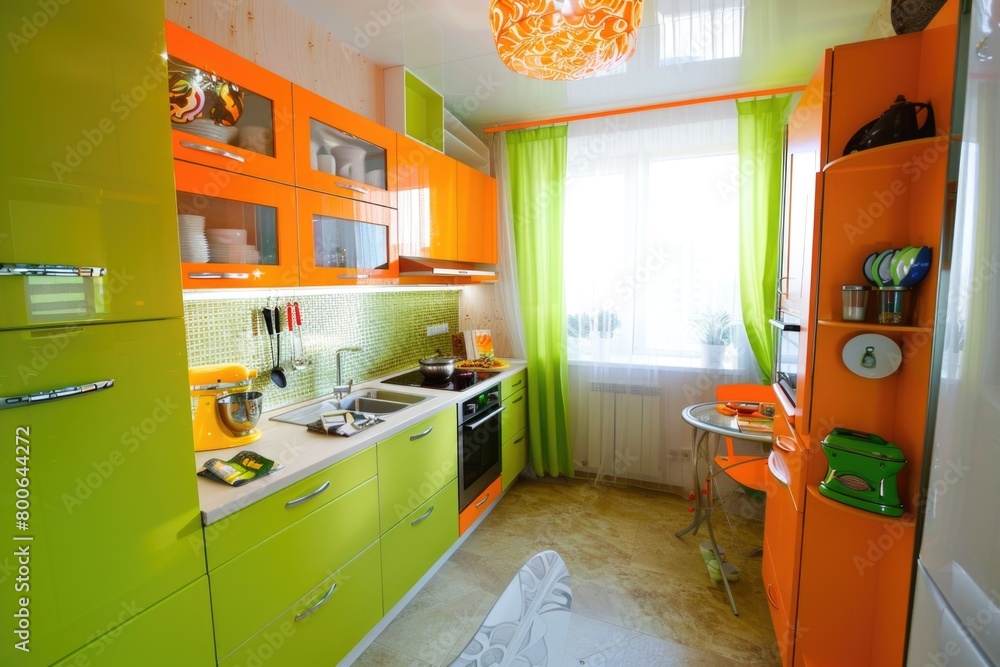 Modern kitchen with a vibrant green and orange color palette. Perfect ...
