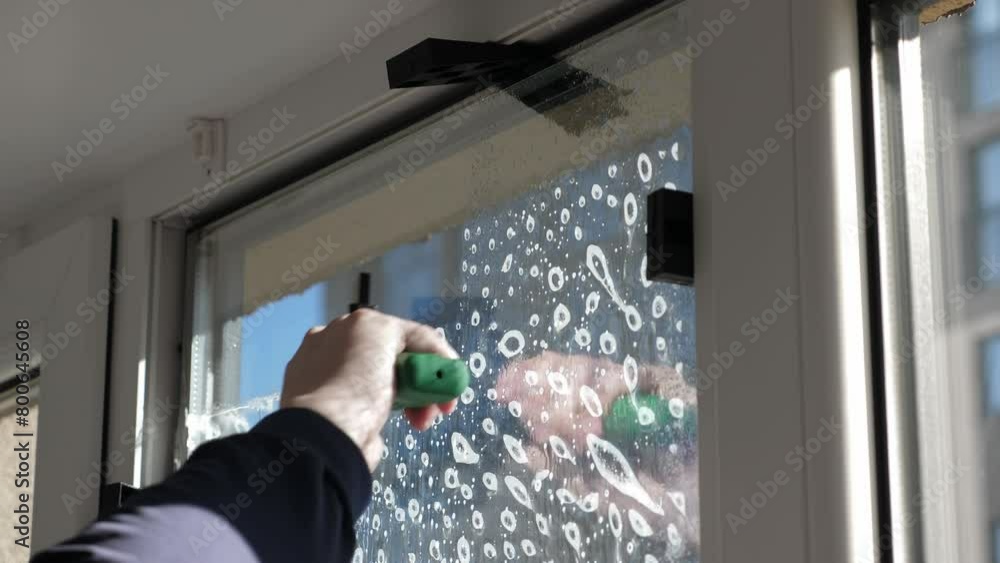 Worker installing and smoothing tint film on window at home. Man ...