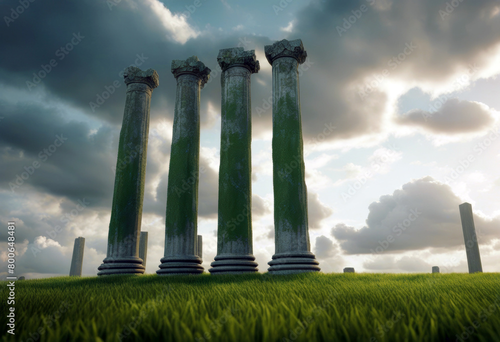 'sky Stone illustration pillars 3d gray green grass clouds poduim aztec ...
