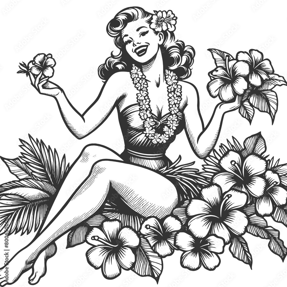 Vecteur Stock Pin-up girl woman smiling, holding Hawaii flower bouquet ... Vecteur Stock Pin-up girl woman smiling, holding Hawaii flower bouquet ...