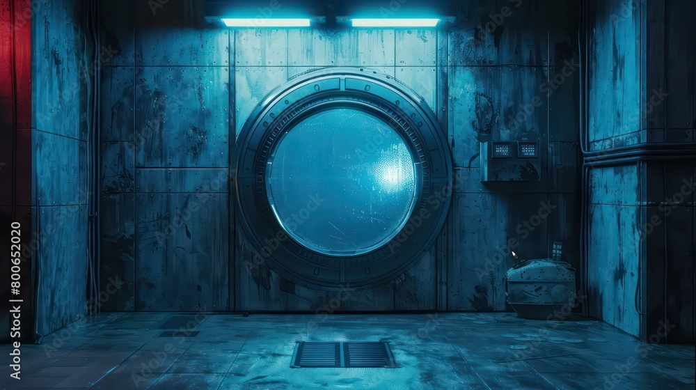 design of a frontal view of a round door in a cyberpunk , sci fi ...