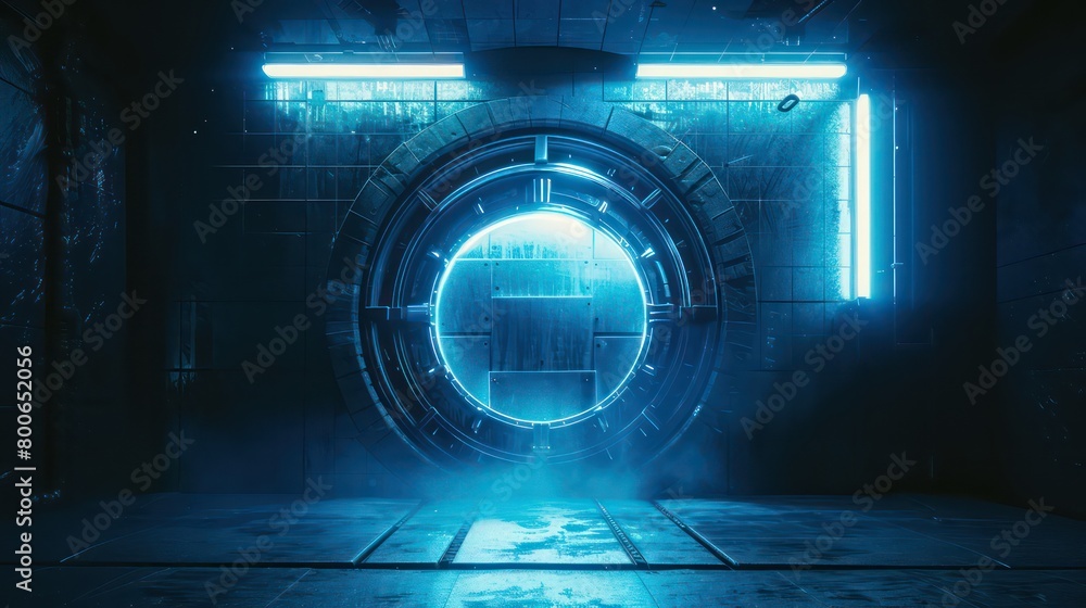 design of a frontal view of a round door in a cyberpunk , sci fi ...