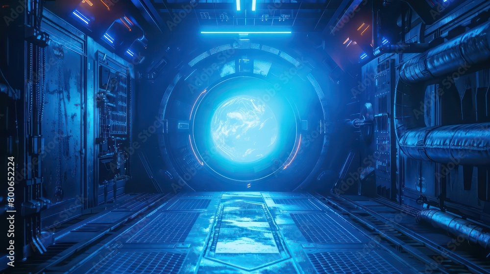 design of a frontal view of a round door in a cyberpunk , sci fi ...