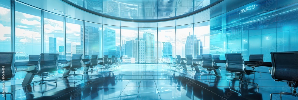 futuristic board room with fully transparent large curved glass panels ...