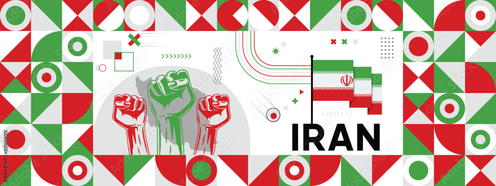 Flag and map of Iran with raised fists. National day or Independence ...
