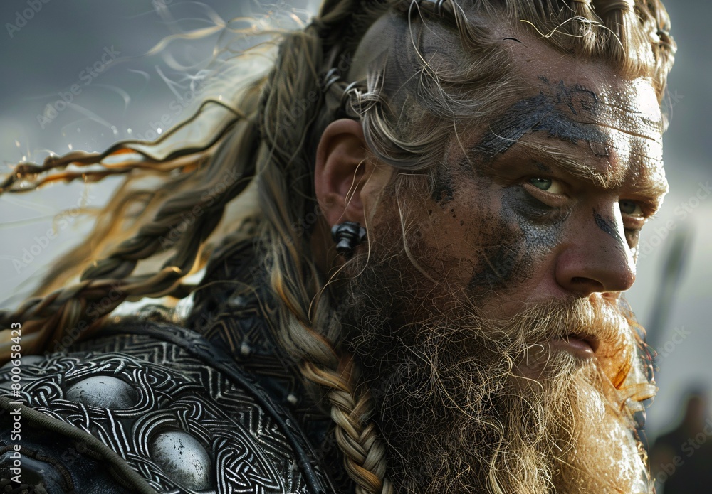 A movie still of the upper body and face of an old warrior with long ...