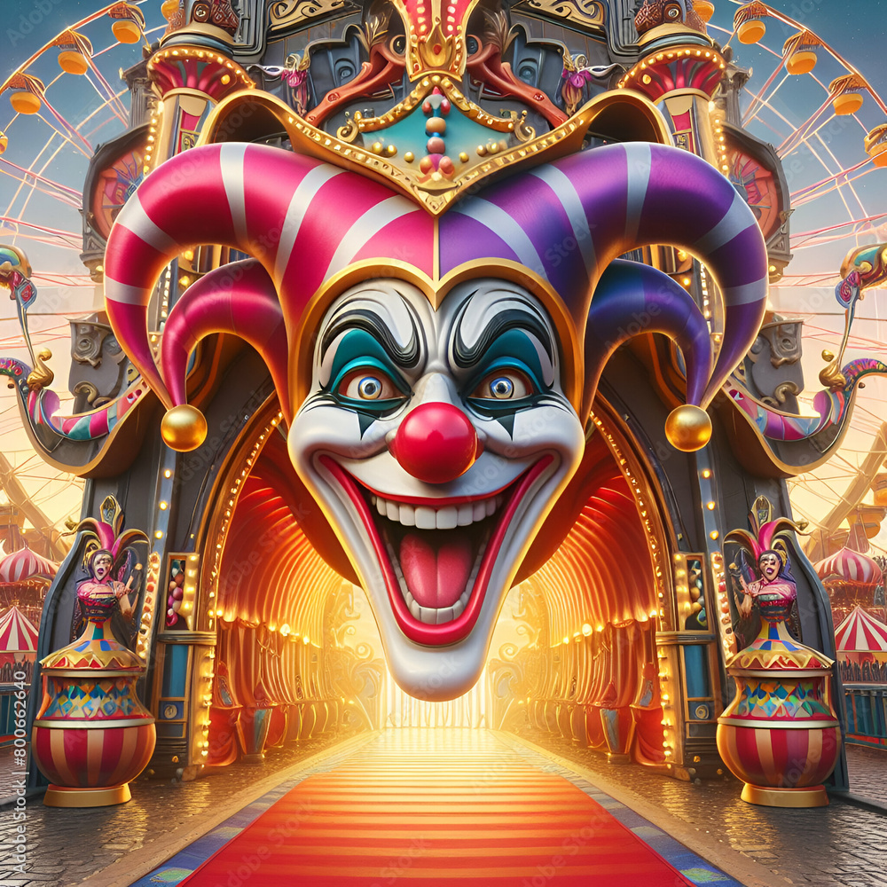 Vibrant Enchanting Carnival Background with Large 3D Jester Face Sign ...