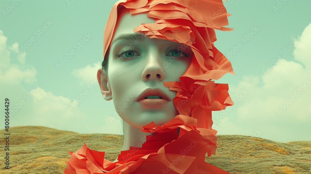 Artistic portrait of a woman with brilliant red geometric shapes ...