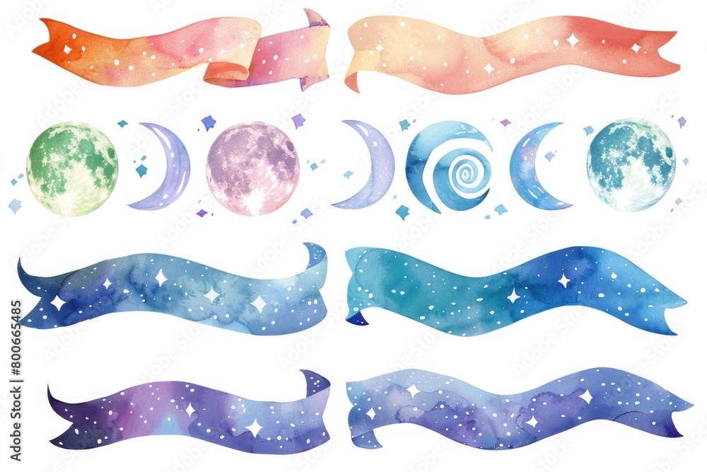 Watercolor banners featuring moons and stars. Perfect for celestial ...