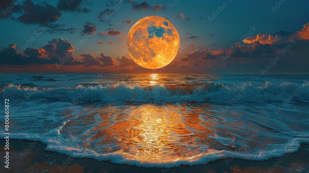 Full moon at night over the sea with ocean waves on isolated sandy ...