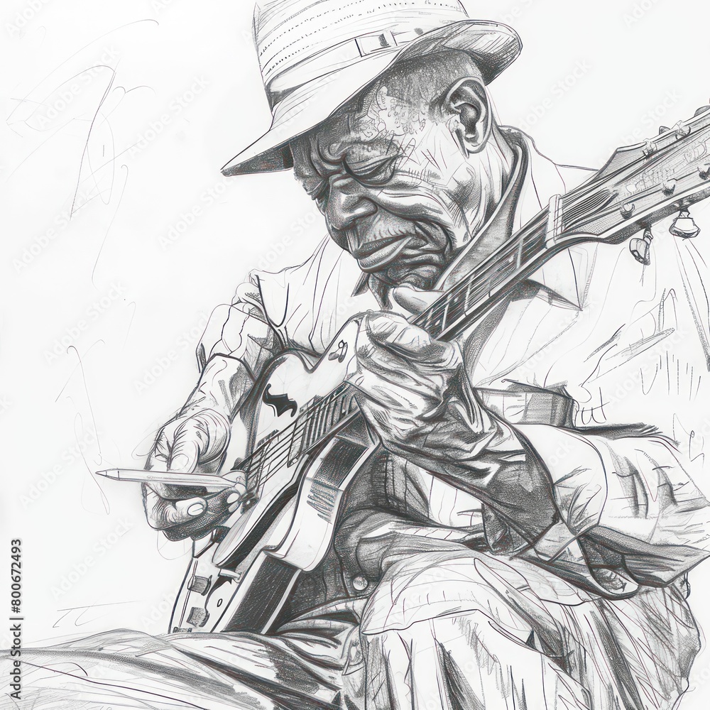 pencil simple line drawing of a blues musician playing a guitar Stock ...