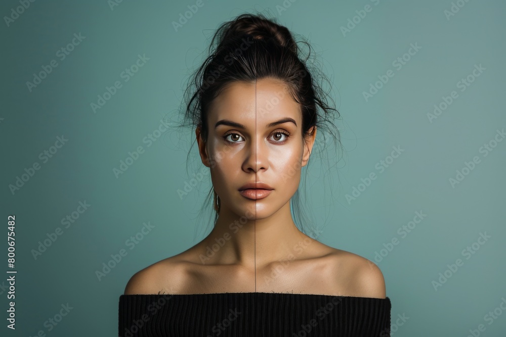Split identity in portrait settings feature skin care blonde and old ...