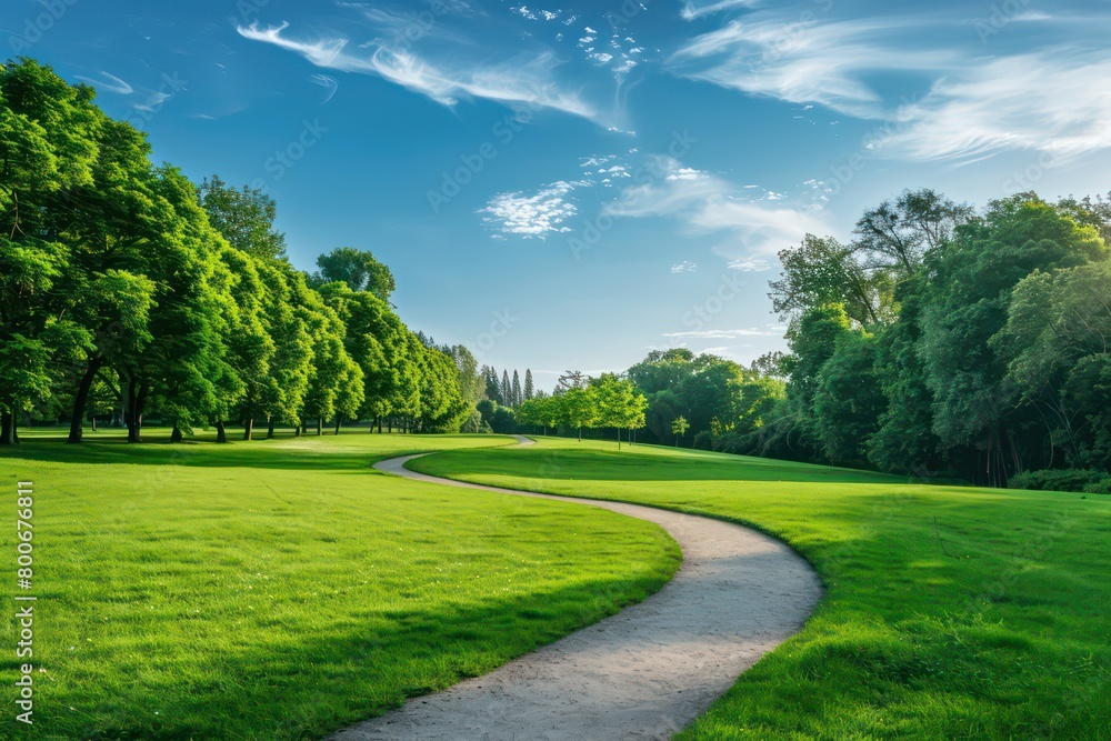 curving pathway in a park, vibrant green grass on either side, rows of ...