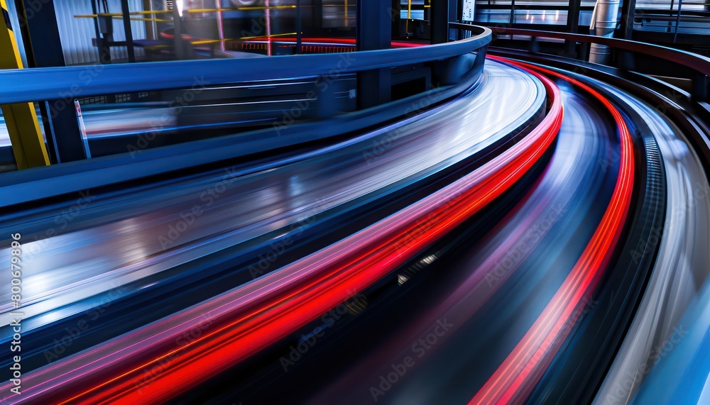 conveyor blue and red line in a warehouse, natural light, colourful ...