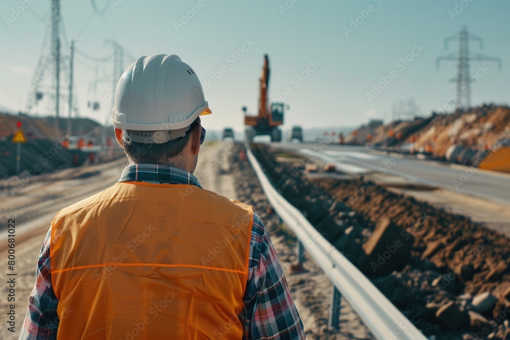Civil engineer supervising road construction. Construction project ...
