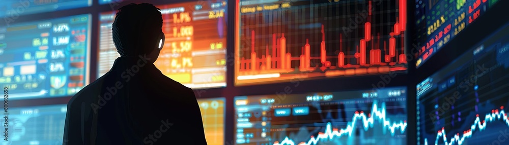 Financial analyst plotting risk scenarios, vibrant display of charts ...