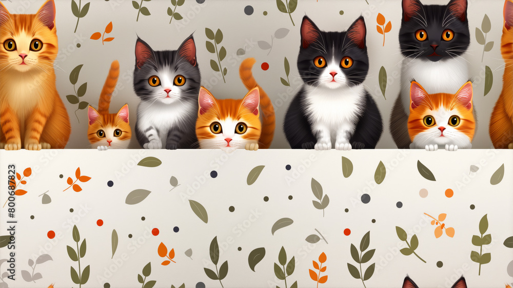 A seamless poster featuring adorable cartoon cat characters, showcasing ...