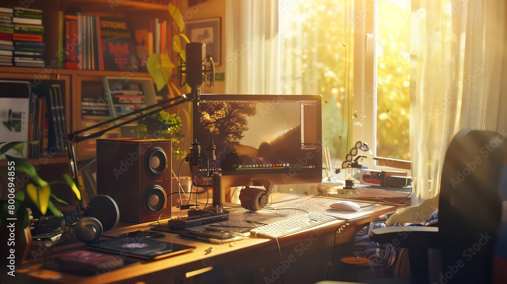 podcast microphone set up in a home, sunny lighting Stock Illustration ...