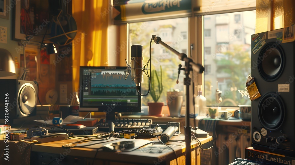 podcast microphone set up in a home, sunny lighting Stock Photo | Adobe ...