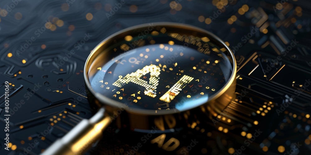 magnifying glass over word AI on black background with dark backgfound ...