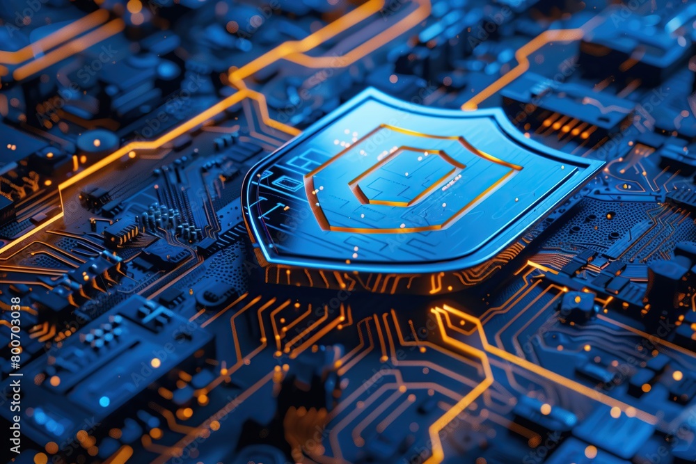 the futuristic shield on a circuit board symbolizing a cybersecurity ...