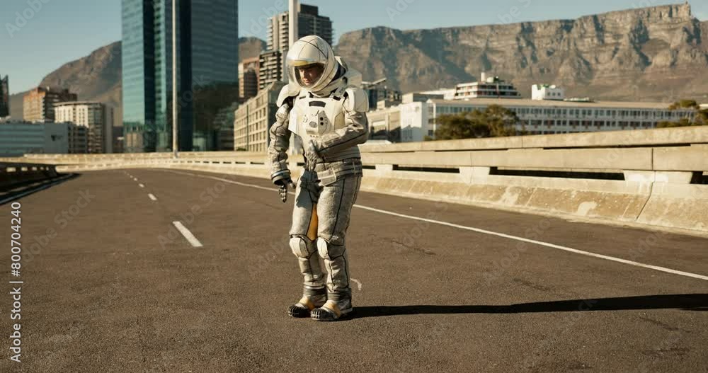 Dance, travel and astronaut in city with adventure, future dystopia and ...