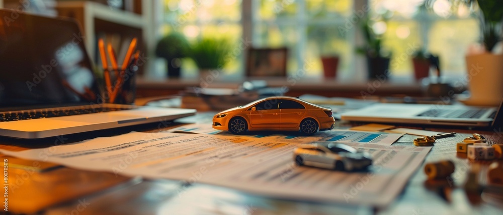 Accounting documents stacked with cute dolls on a desk in the office ...