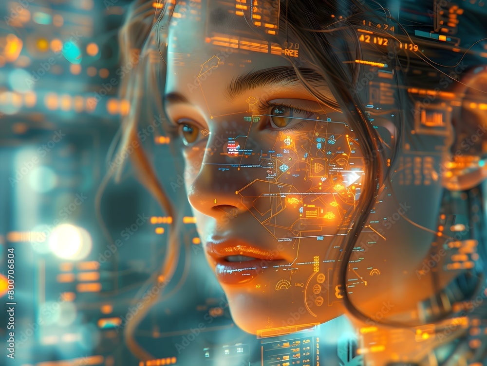 an intriguing visual concept featuring a futuristic AI cyborg character ...