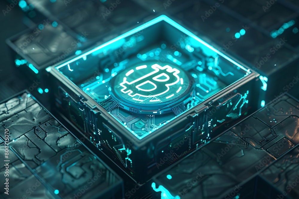 the bitcoin logo glows inside an open square box with circuit board ...