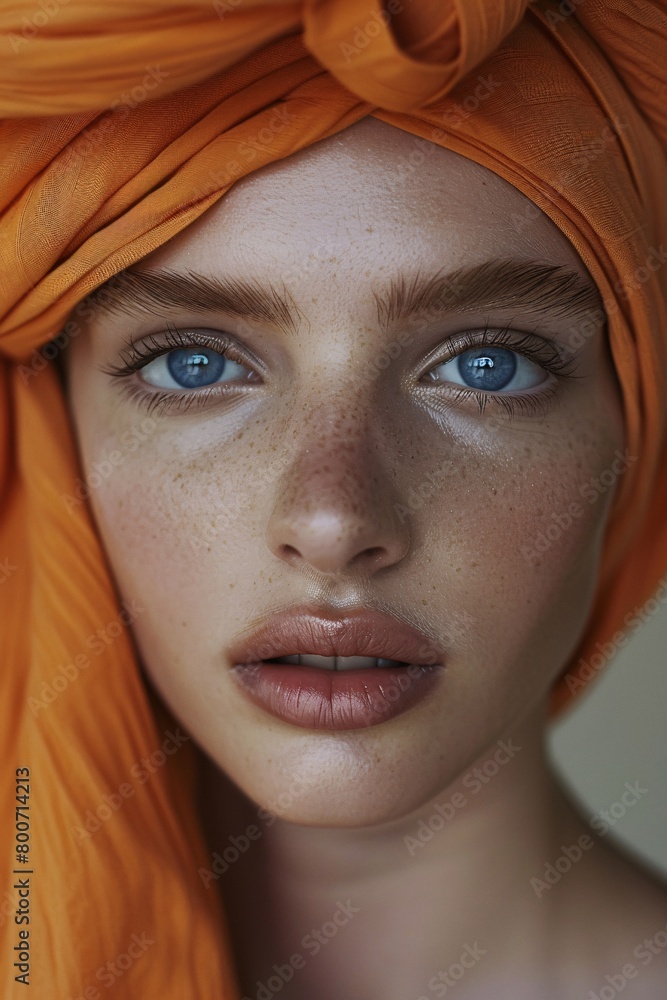 photoshoot of a supermodel with blue eyes waring an orange hijab Stock ...