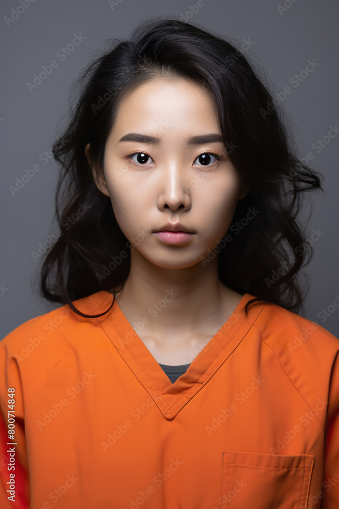 Prison mugshot of young Asian woman in orange jumpsuit Stock Photo ...