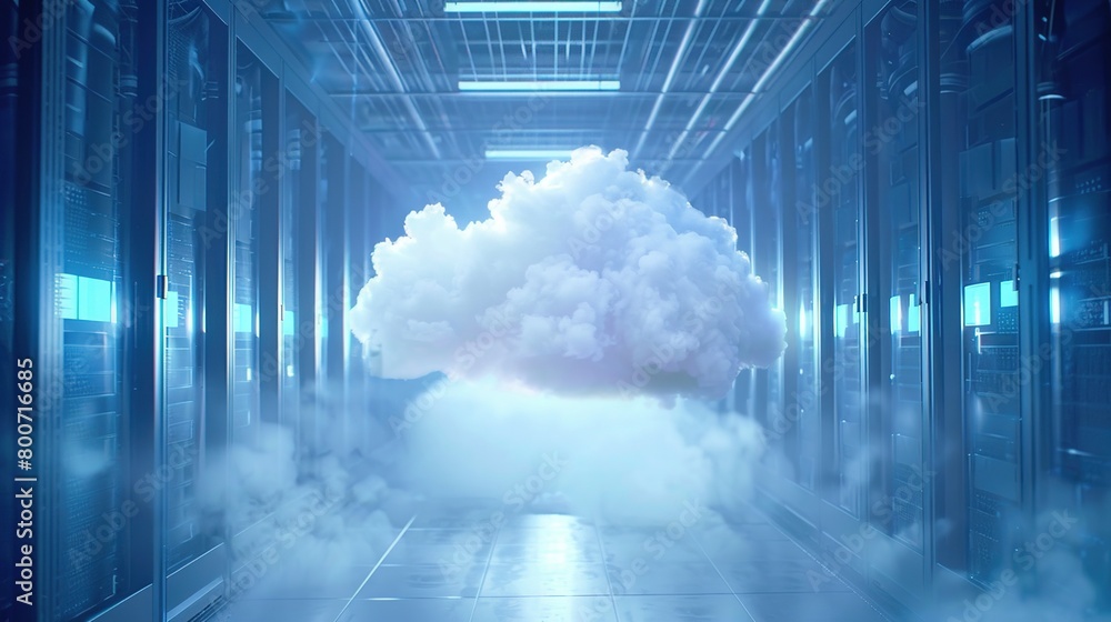 Cloud computing with a massive real cloud floating in data center server room, highlighting the ...