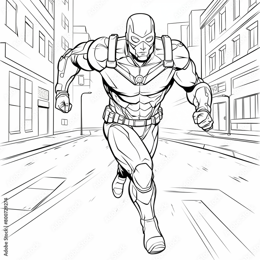 coloring page for kids, fully masked male superhero , no shadow, low ...