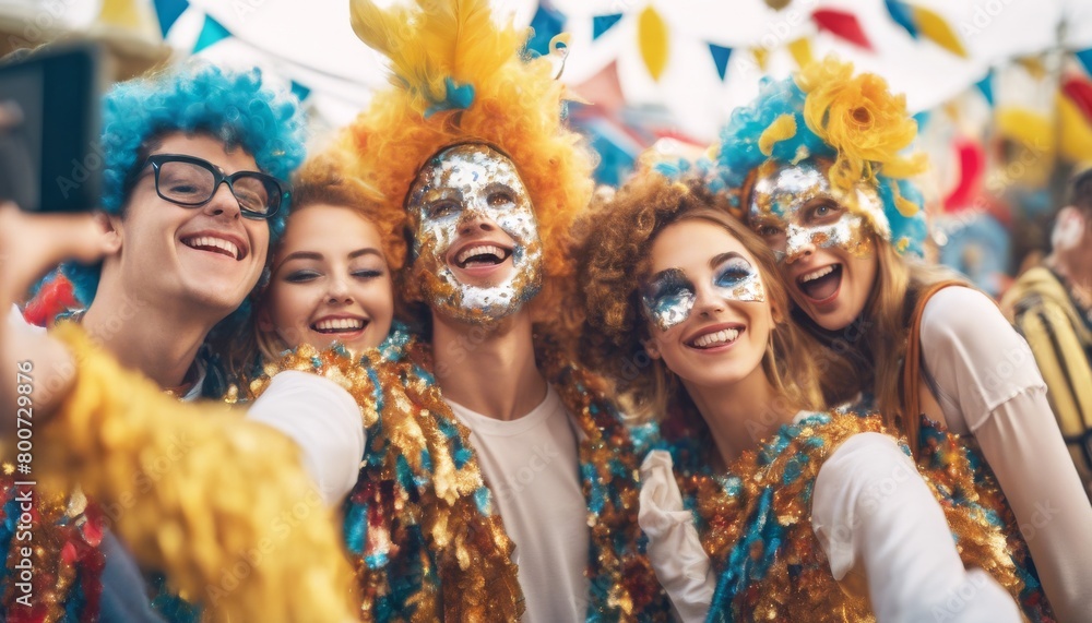 'carnival selfie people Model costumes wearing Group taking AI funny ...