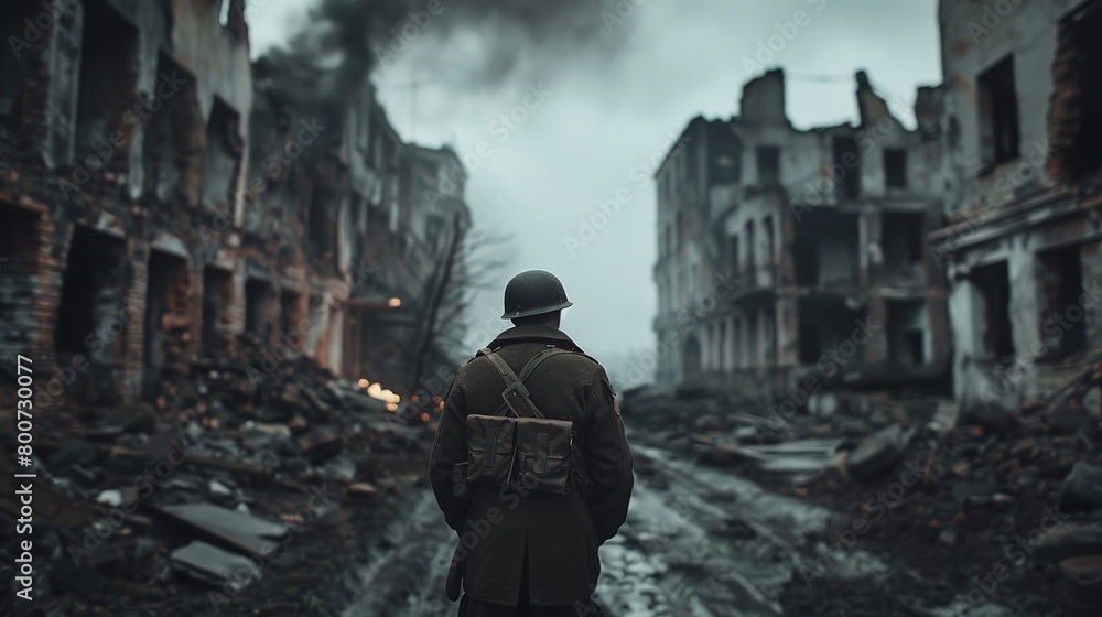 Epic back view of WW2 soldier on battlefield in destroyed eurpoean town ...