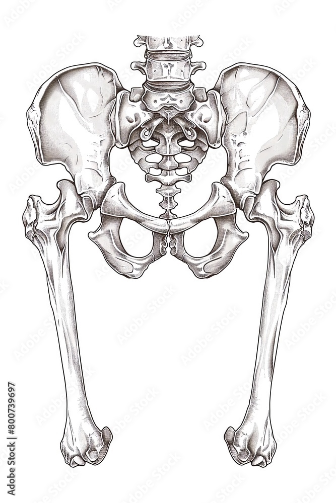 Artistic line drawing of the human pelvis, bones clearly depicted ...