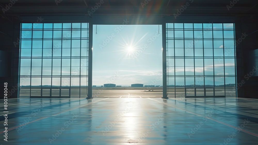 Sunlight piercing through airport hangar doors - Immense airport hangar ...