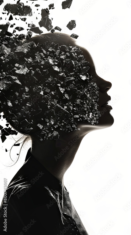 Silhouette of a woman with shattered effect - The artwork captures a ...