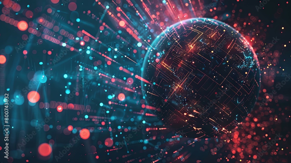 Digital globe with red data lines and light bursts - The image features ...