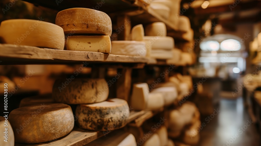 Various aged cheeses on wooden shelves in a cheese aging room ...