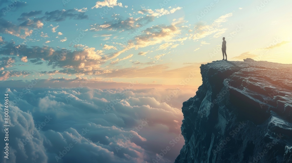A person standing on the edge of a cliff feeling the rush of wind on ...