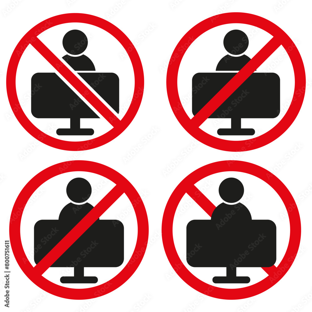 Prohibited computer use icons. Vector no computer user signs ...