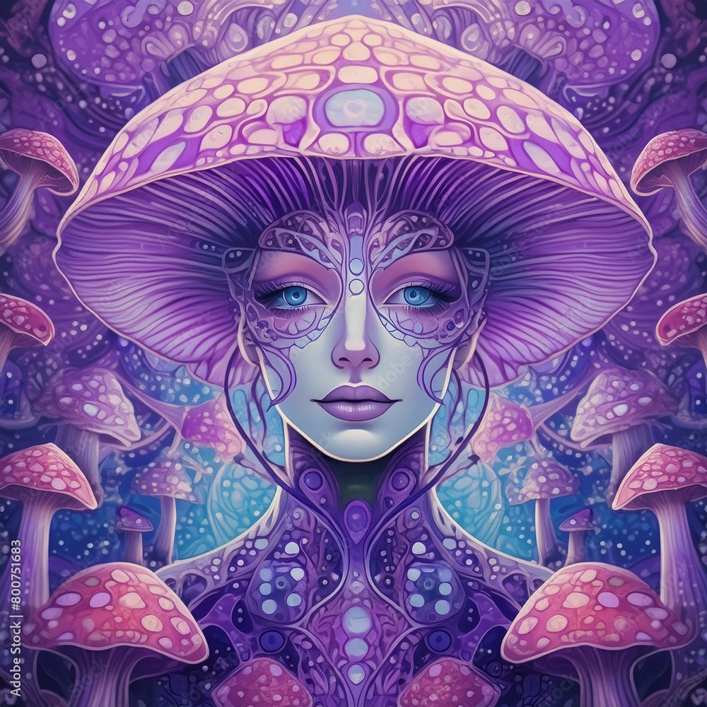 Portrait of Psychedelic Mushroom Fairy in Kaleidoscope of Violet Shades ...