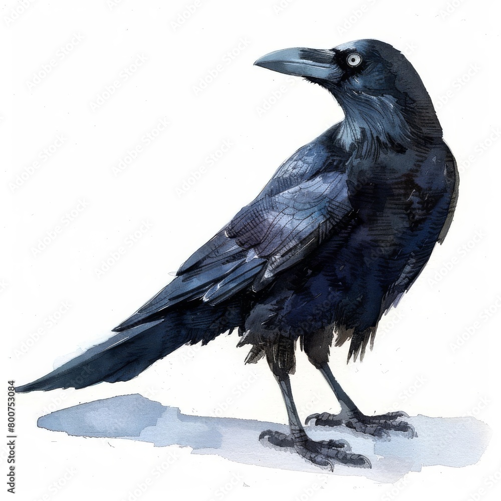 Watercolor artwork of a black crow, shadowy, soft, intense, accurate ...