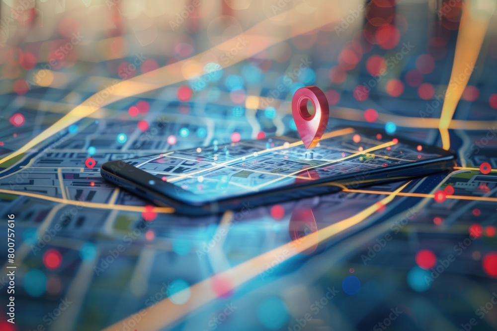 Realistic phone with location pin on a map showing road. Generate AI ...